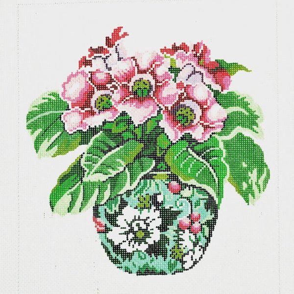 Vase with Gloxinias- 10" x 12"- 13 Mesh - Radish Roots Needlepoint